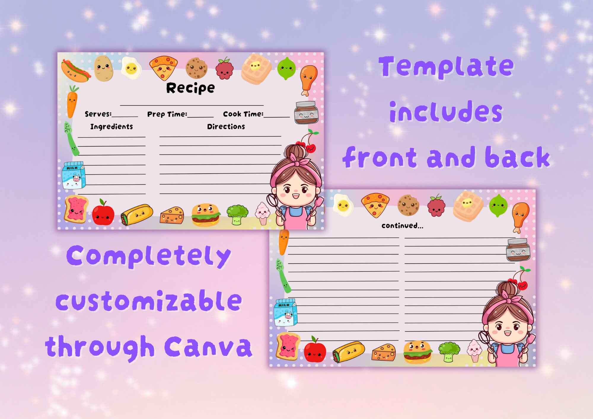 Kawaii Recipe Cards Front Back Template Customizable Recipe Cards Cute ...