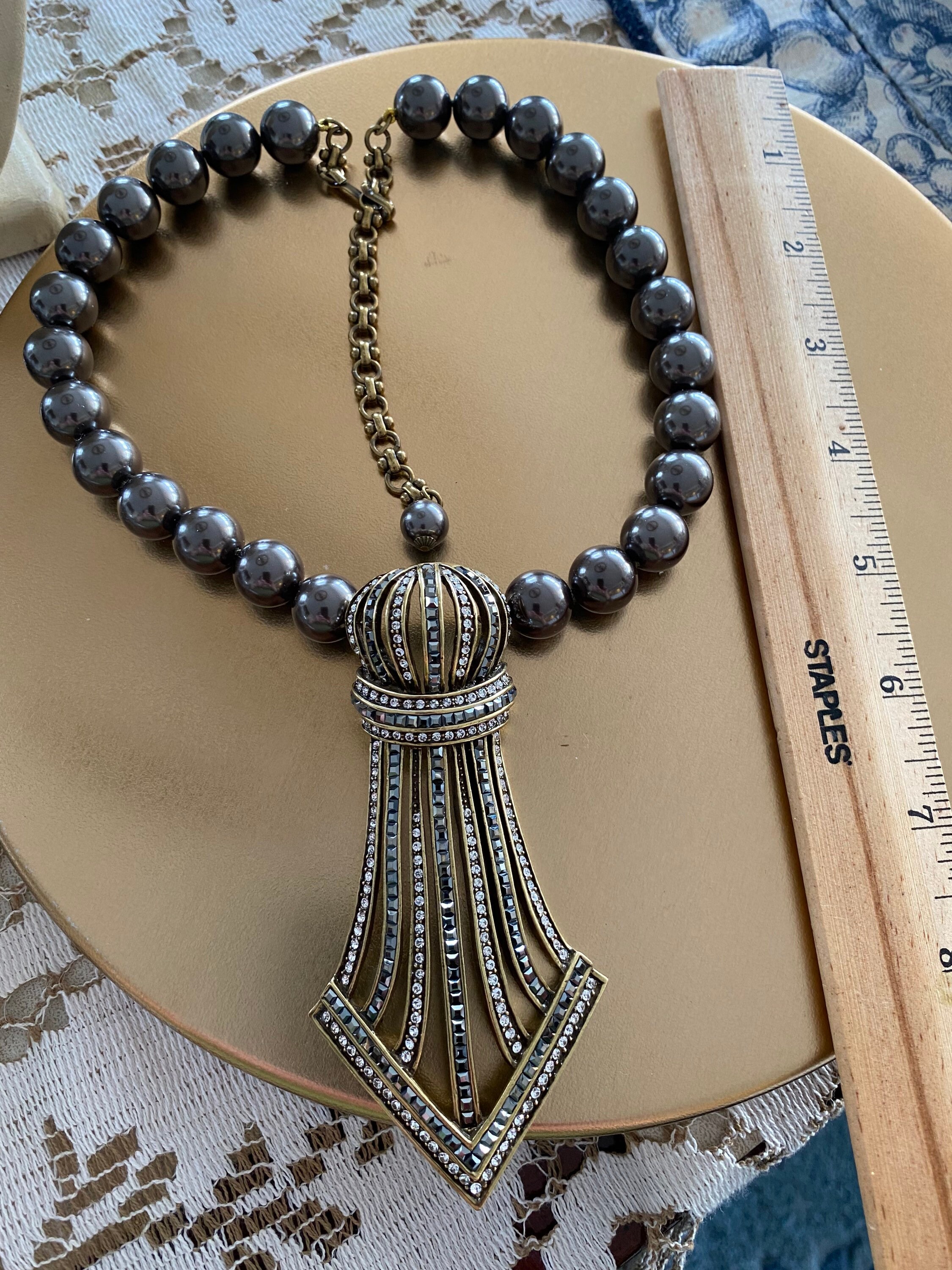 Heidi Daus Art Deco Design Necklace And Matching Earrings Faux Pearls
