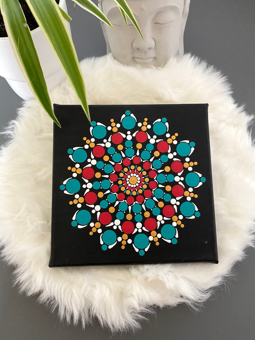 Moving Heart – Hand-painted Square Canvas, Red and Turquoise Mandala on ...