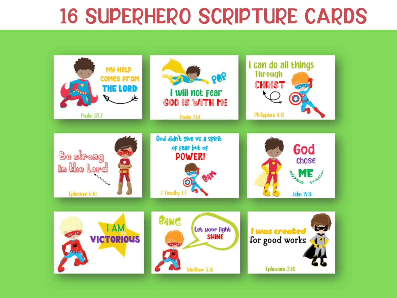 Printable Bible Verse Cards for Kids, Superhero Scripture Cards for ...