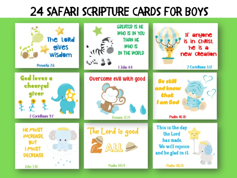 Printable Kids Bible Verse Cards, Scripture Notes, Safari Animals Cards ...