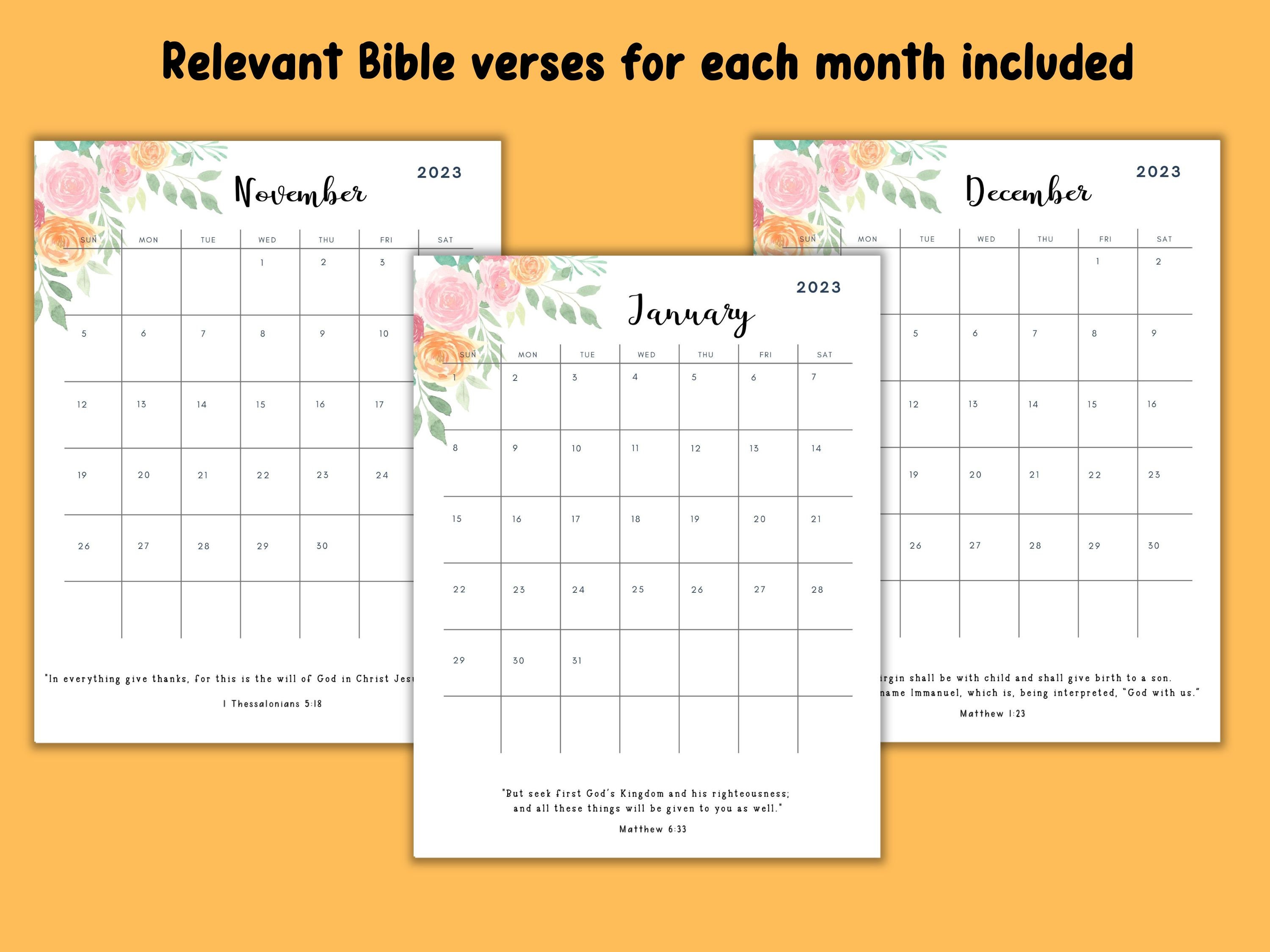Printable Scripture Calendar, Bible Calendar, Floral Calendar 2023, Mom ...