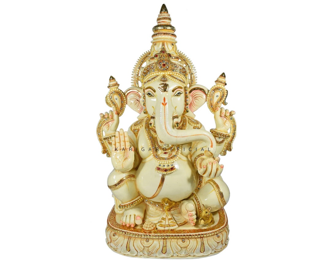 Golden Ganesha Statue Large 18 Inch Gold Leaf Work Jewelry Studded ...