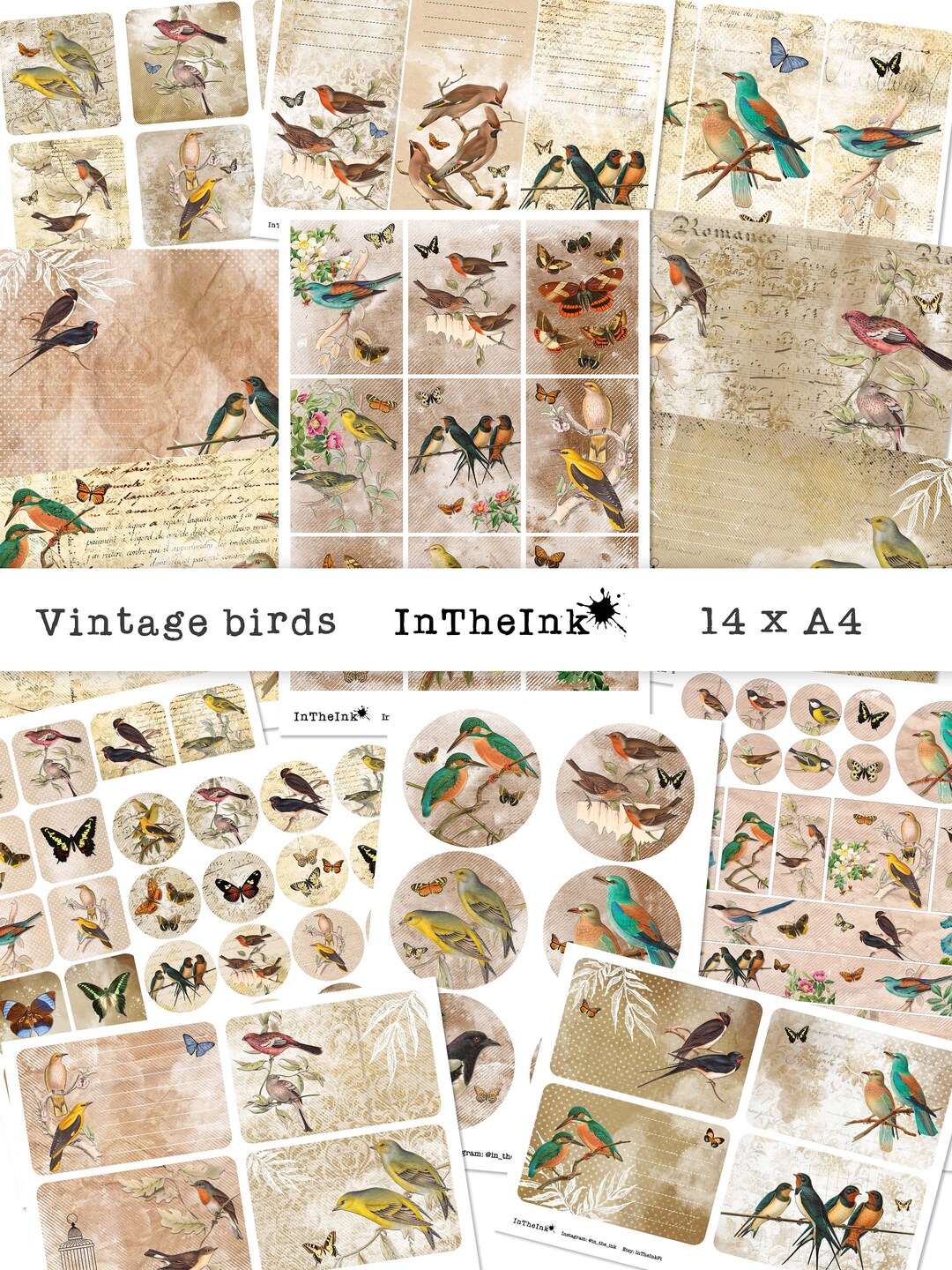 Vintage Birds, Printable Ephemera Kit, Junk Journal, Ephemera ...