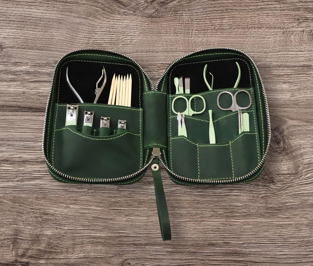 Personalized Green Leather Manicure Set Case: Grooming Gift Organizer ...