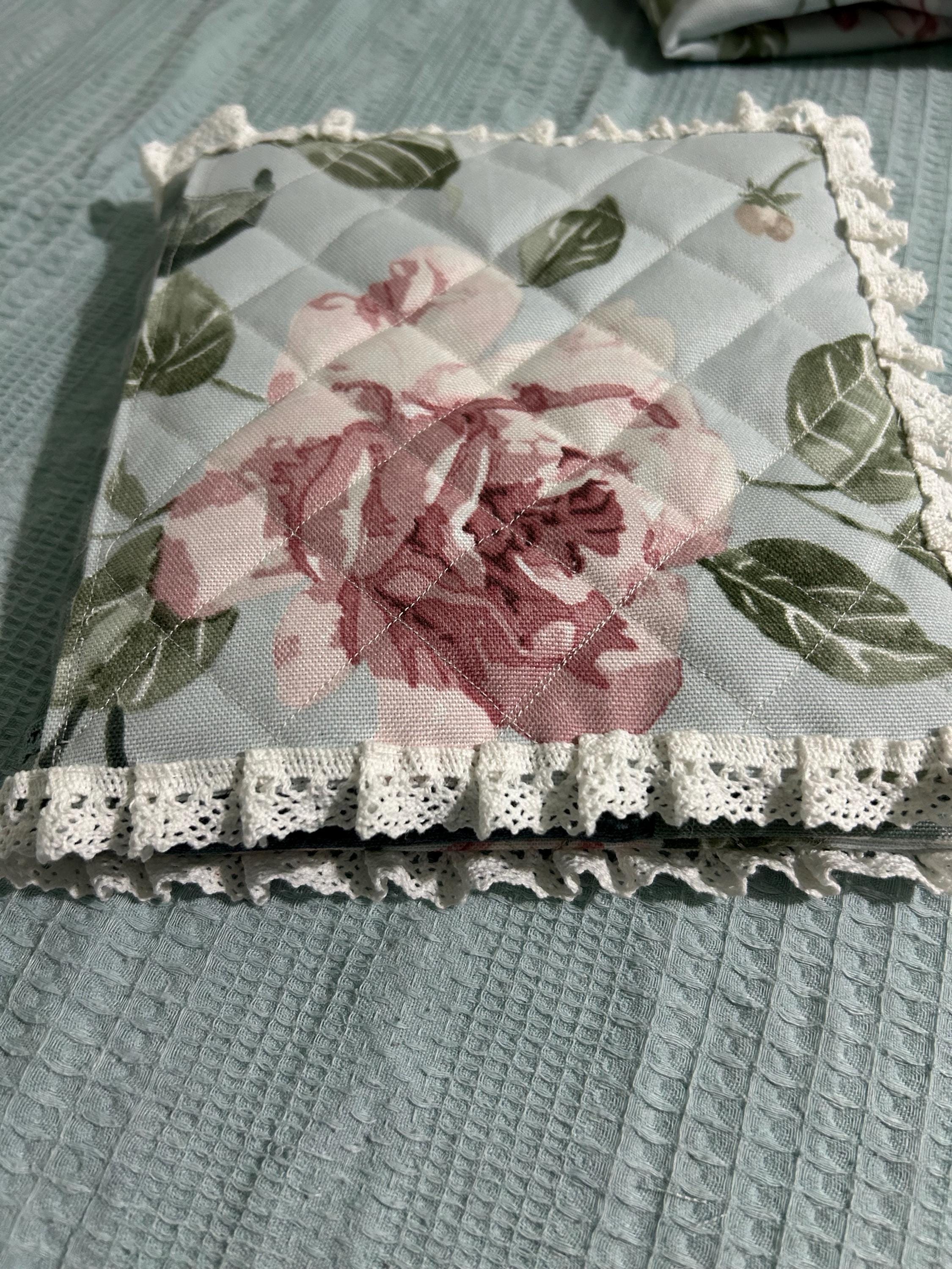 Floral Pattern Quilted Fabric Book or Bible Cover With Lace Detailed ...