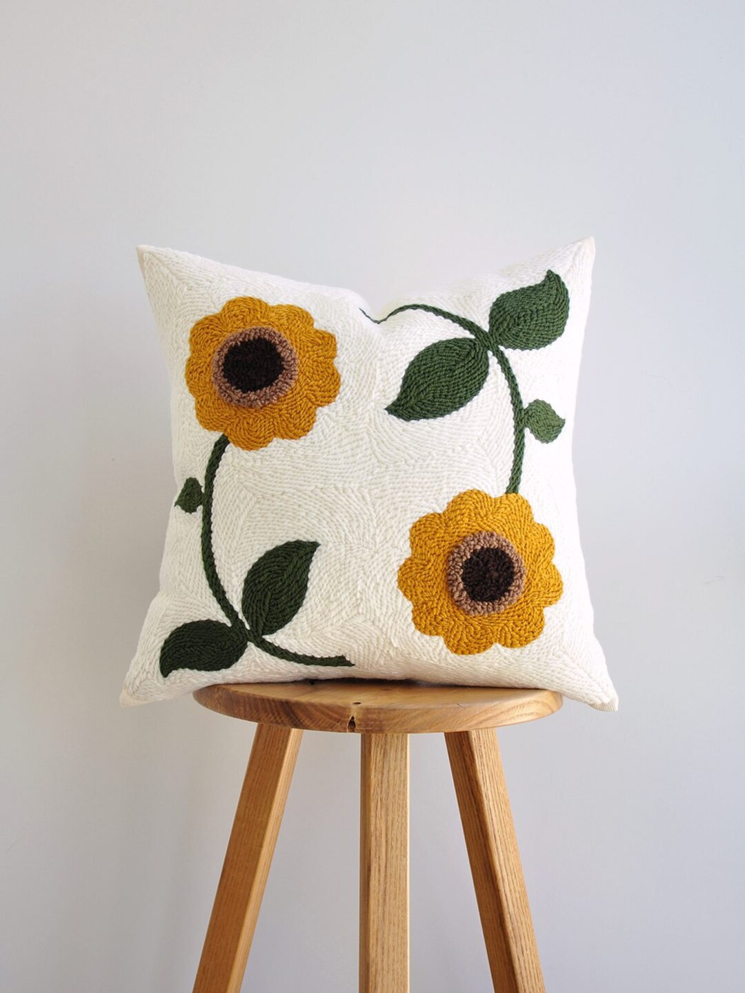 Sunflower Hand Embroidery Pillow, Decorative Throw Pillow Cover, Modern ...