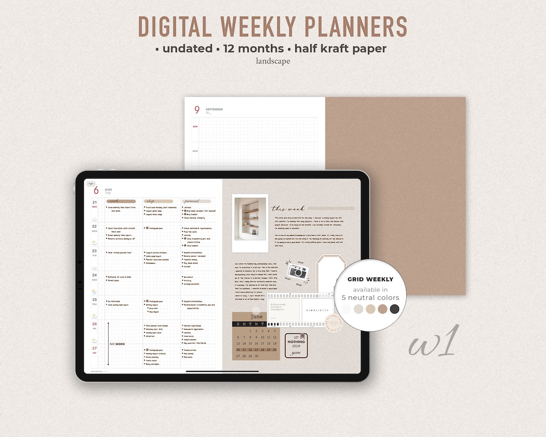 Undated Digital Weekly Minimalist Planner | Landscape | Grid - Etsy