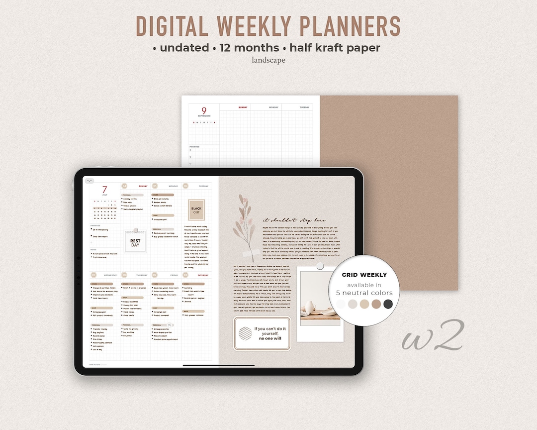 Undated Digital Weekly Planner | Landscape | Grid - Etsy