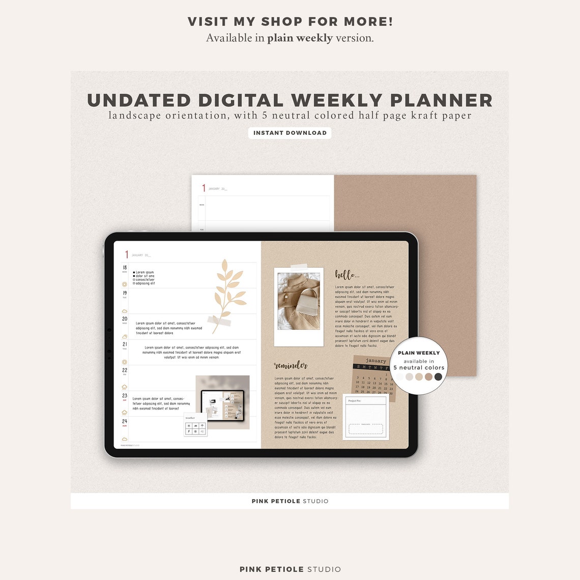 Undated Digital Weekly Minimalist Planner Landscape Grid | Etsy