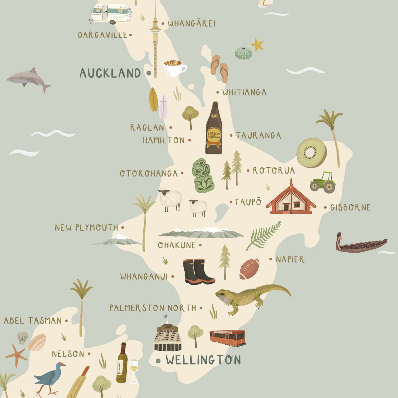 Illustrated Map of New Zealand - New Zealand Map | NZ Poster | New ...