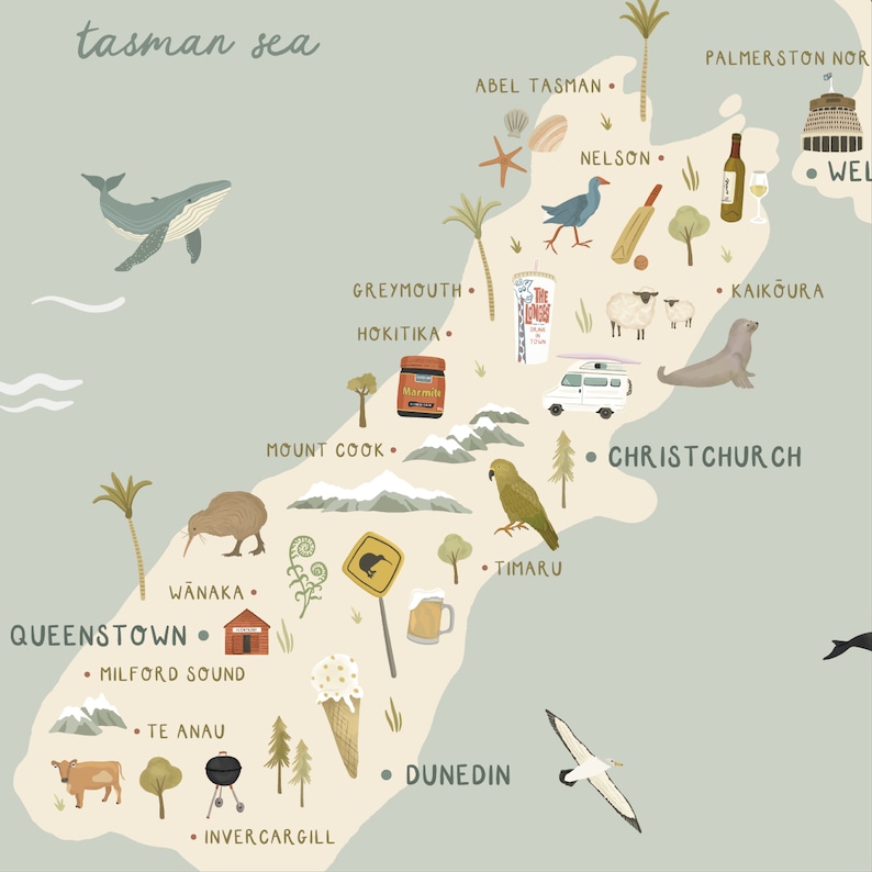 Map of New Zealand | Illustrated NZ Map | NZ Print | Map Illustration ...