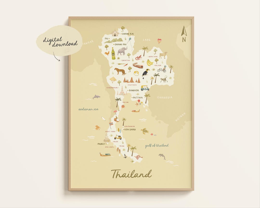Illustrated Thailand Map Art Print: Thailand Travel Poster (digital ...