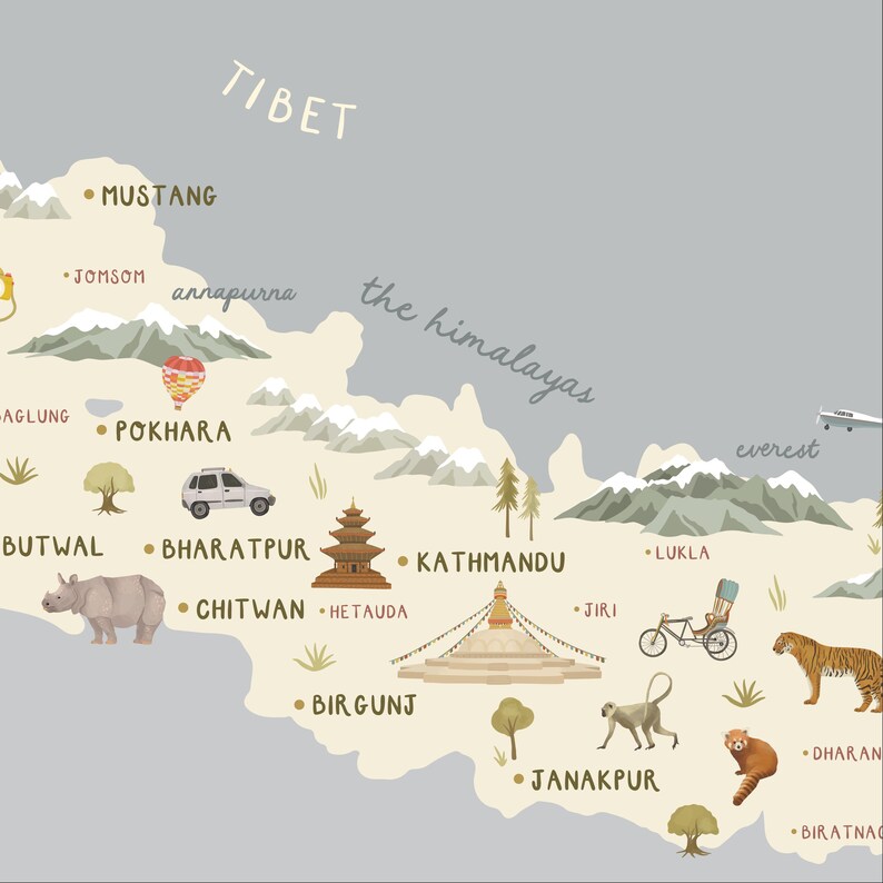 Illustrated Map of Nepal - Nepal Map | Nepal Poster | Nepal Travel ...