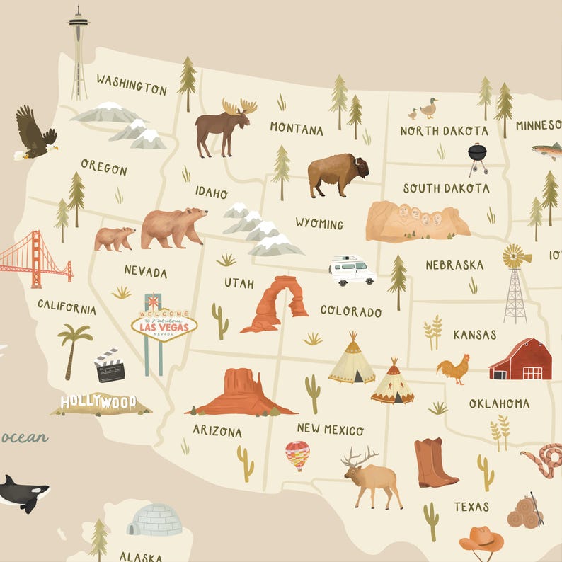 USA Map Print | Map of United States of America | Illustrated America ...