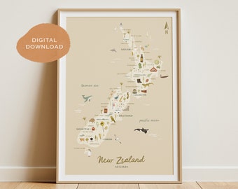 Illustrated Map of New Zealand Art Print Poster Travel Map Digital ...