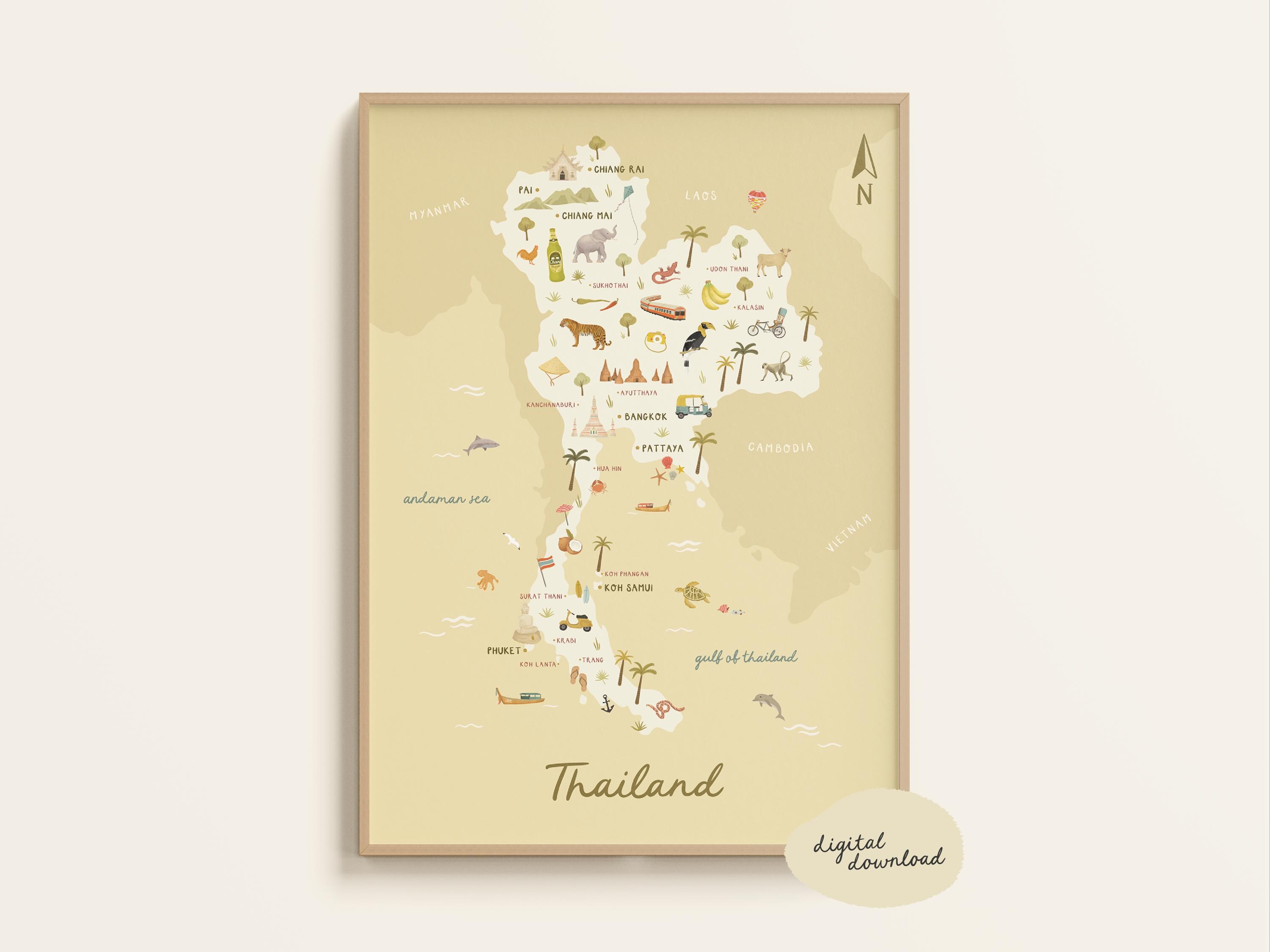 Illustrated Map of Thailand - Thailand Map | Thailand Poster | Thailand ...