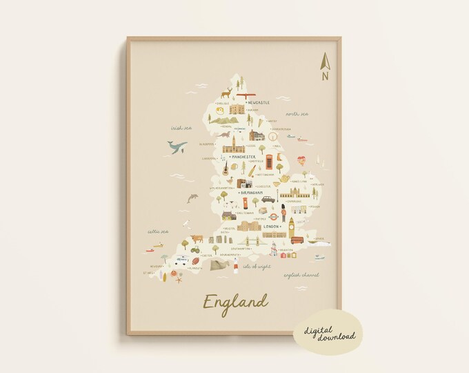 Illustrated Map of England A4 / A5 Unique Map Illustration Print ...