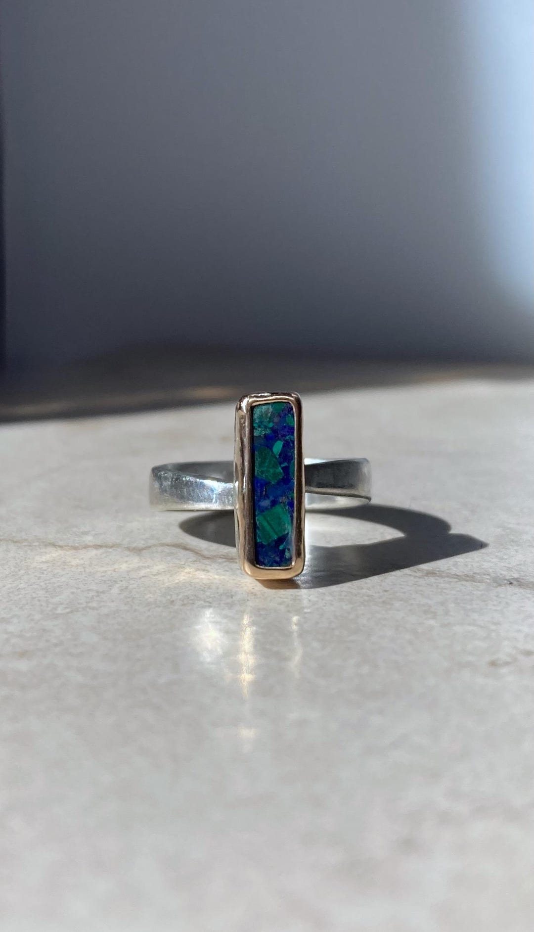 Handcrafted Mixed Metal Ring: Azurite, Sterling Silver Band, 14K Gold ...