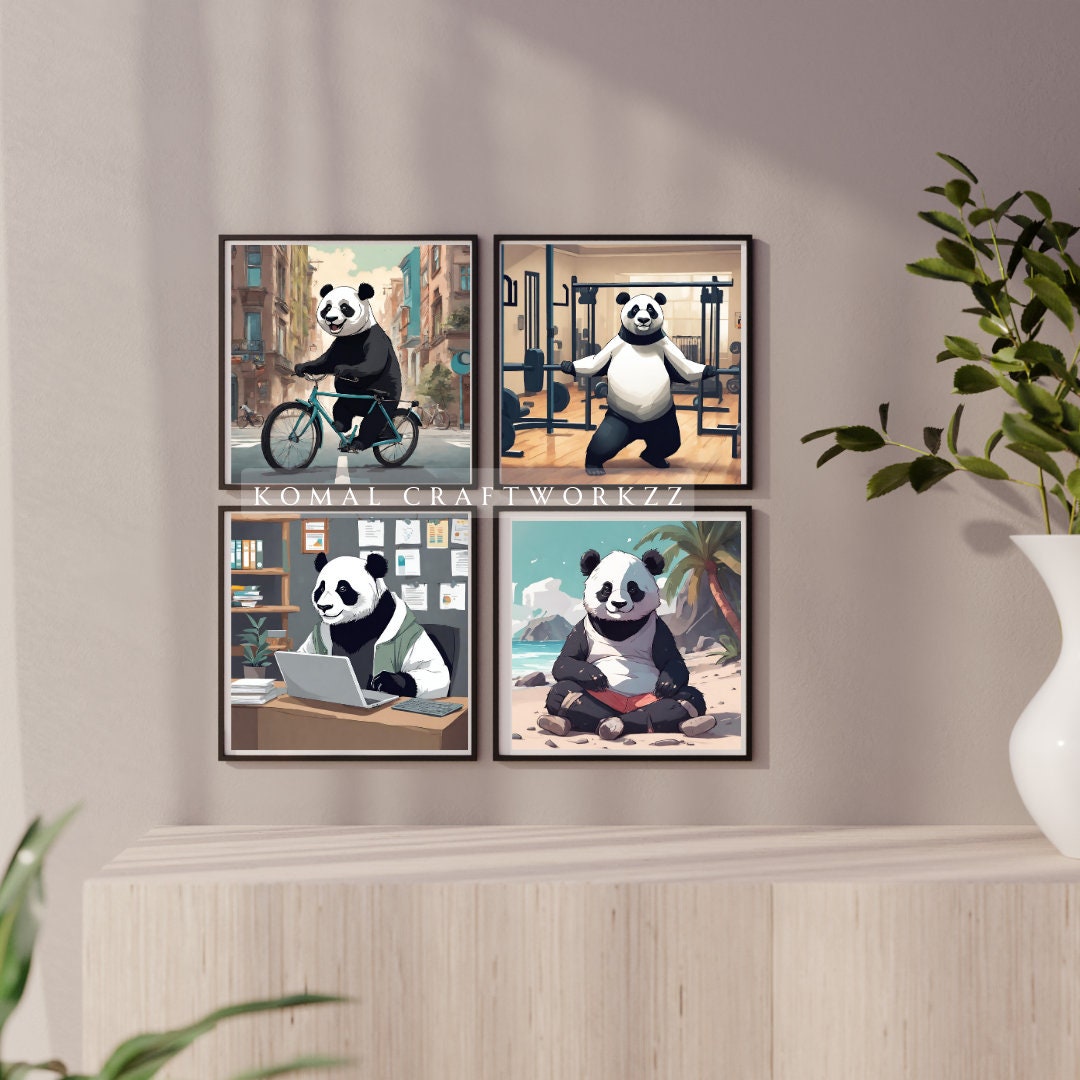 Cute Panda Activities 6x6inches Poster for Home Decor, Set of 4+1(free ...