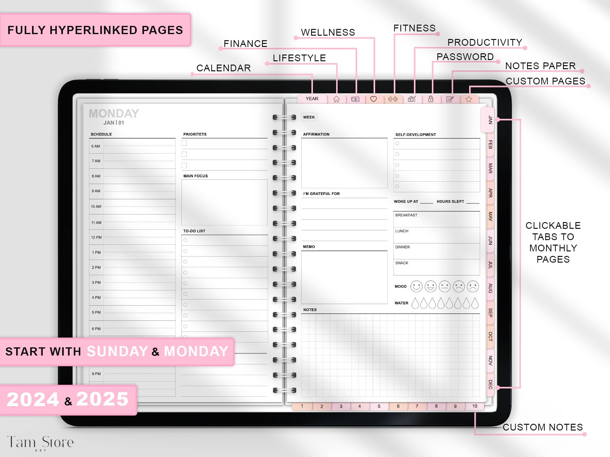 Pink Digital Planner for Ipad, Start Weekly Sunday & Monday, Daily ...