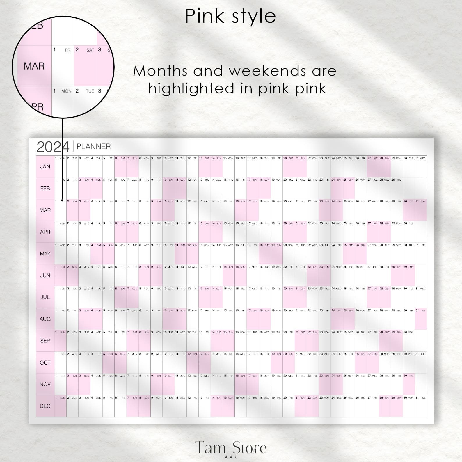 2024 Year Planner Printable PDF, Wall Calendar, Monthly Planner, Pink ...