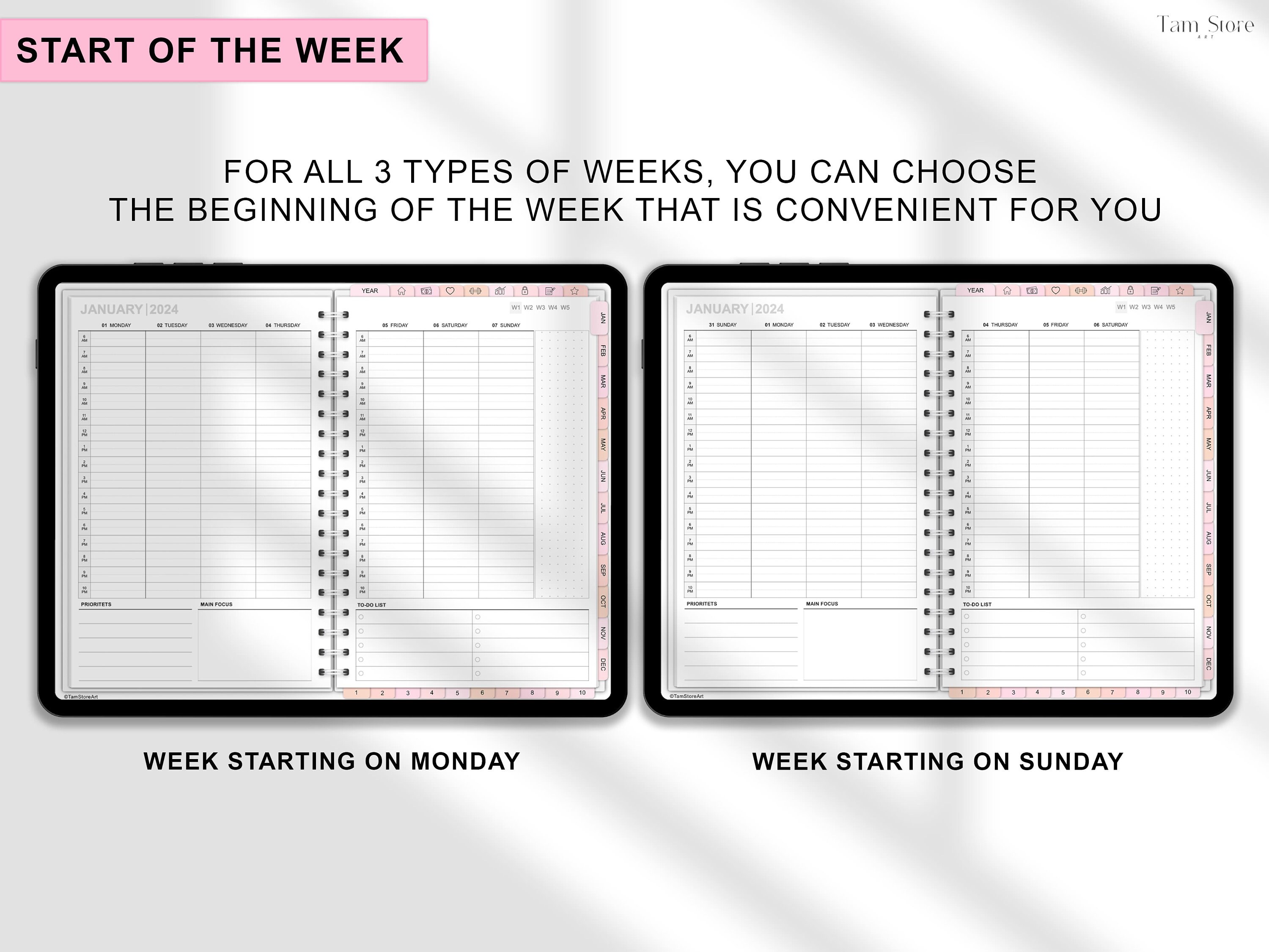 Pink Digital Planner for Ipad, Start Weekly Sunday & Monday, Daily ...