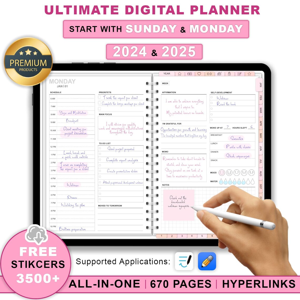 Pink Digital Planner for Ipad, Start Weekly Sunday & Monday, Daily ...
