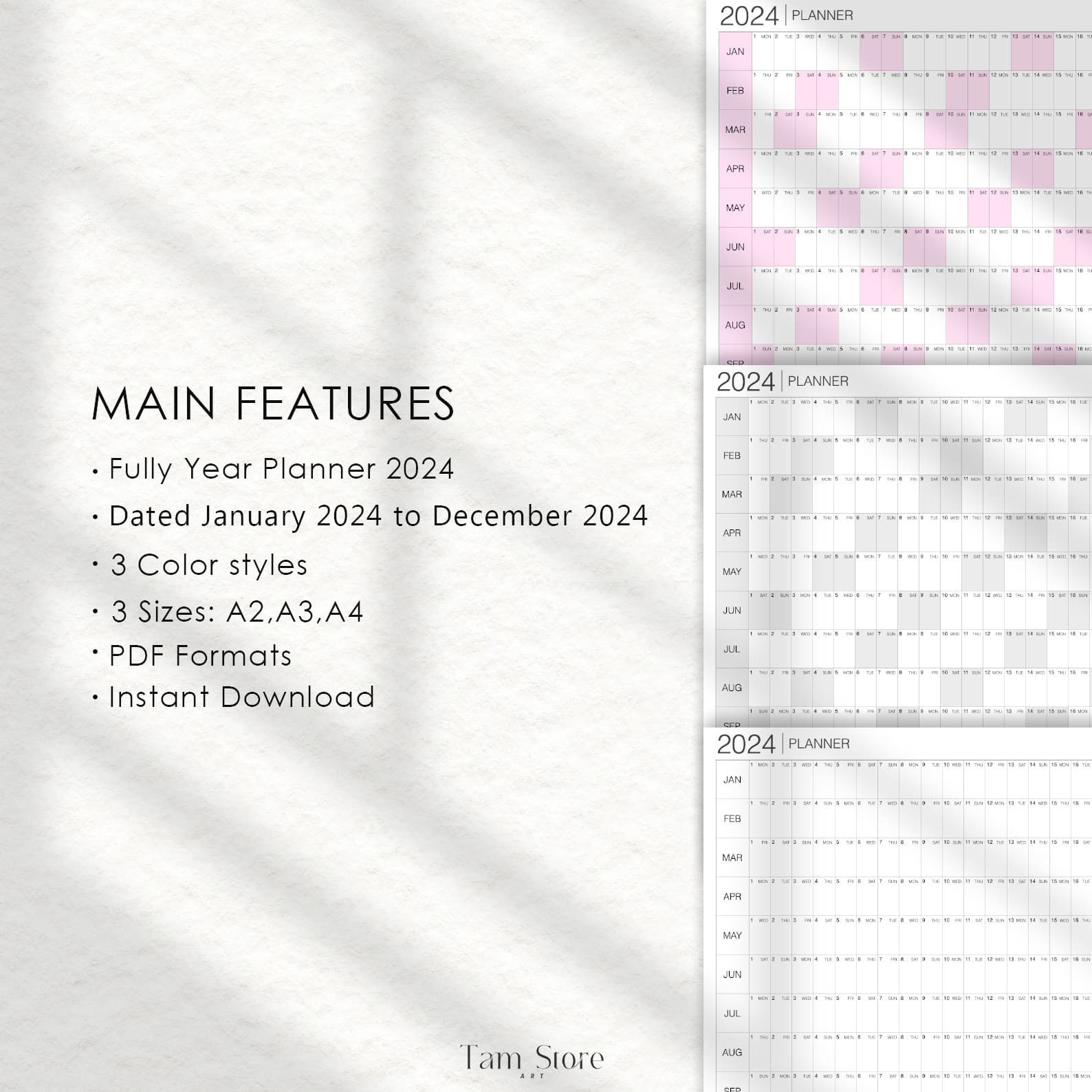 2024 Year Planner Printable PDF, Wall Calendar, Monthly Planner, Pink ...