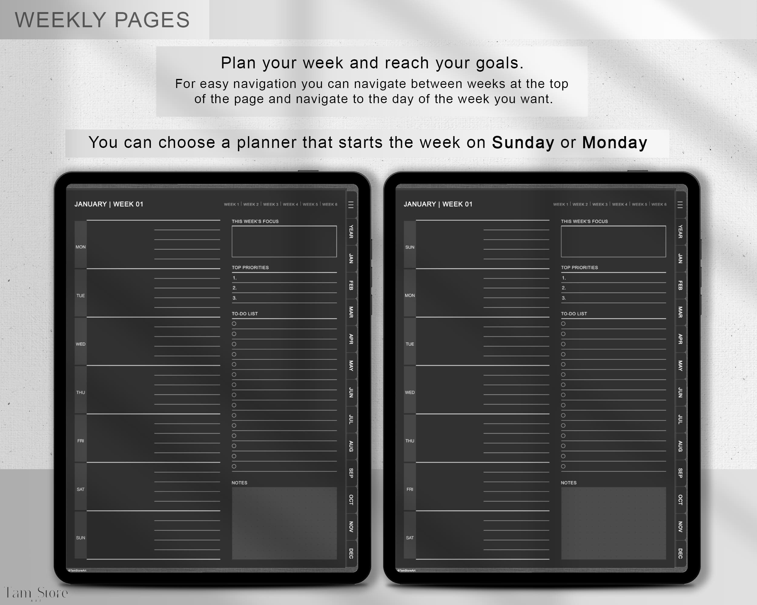 Undated Digital Planner in Dark Mode Style for Goodnotes & Notability ...