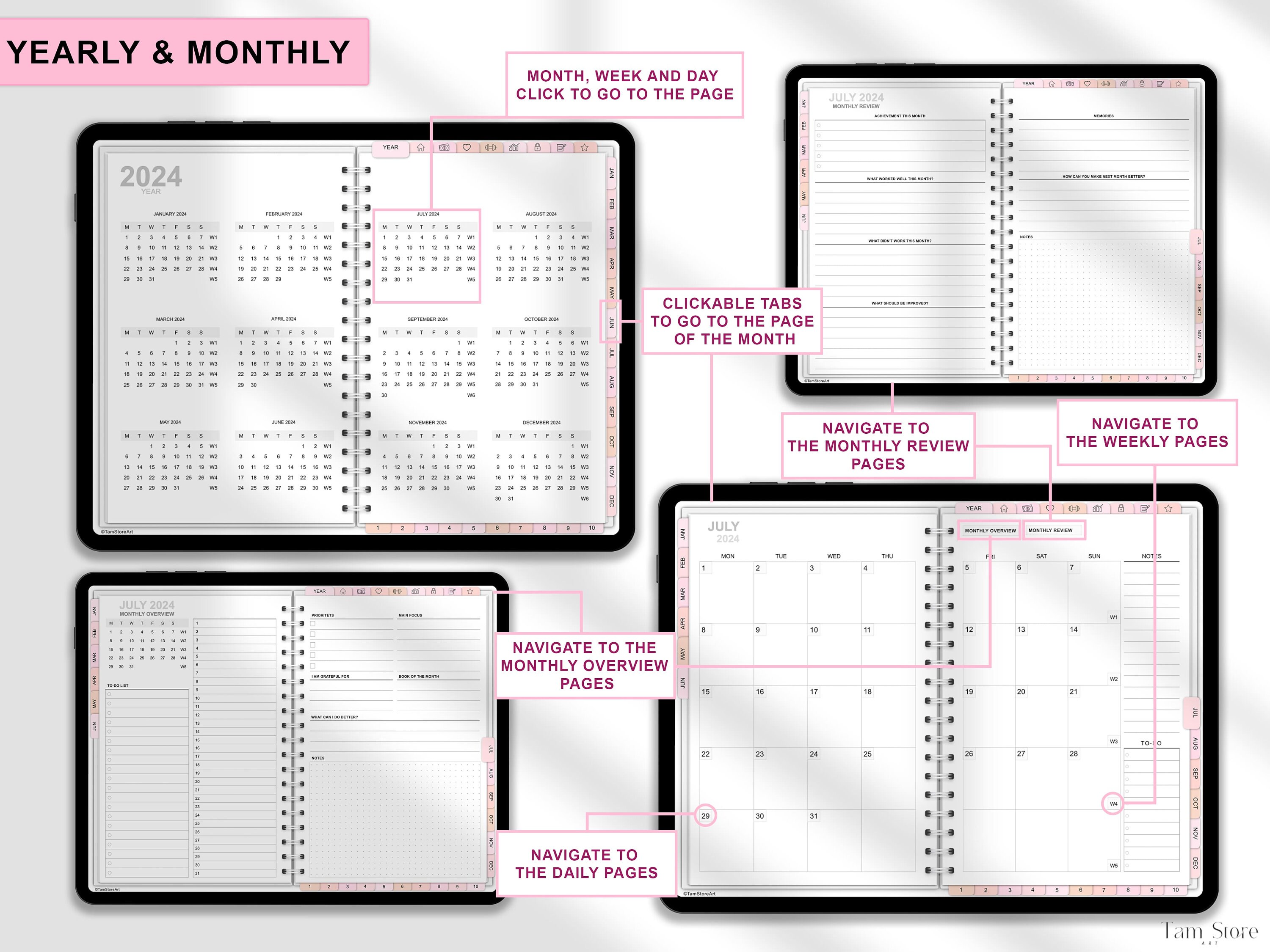 Pink Digital Planner for Ipad, Start Weekly Sunday & Monday, Daily ...
