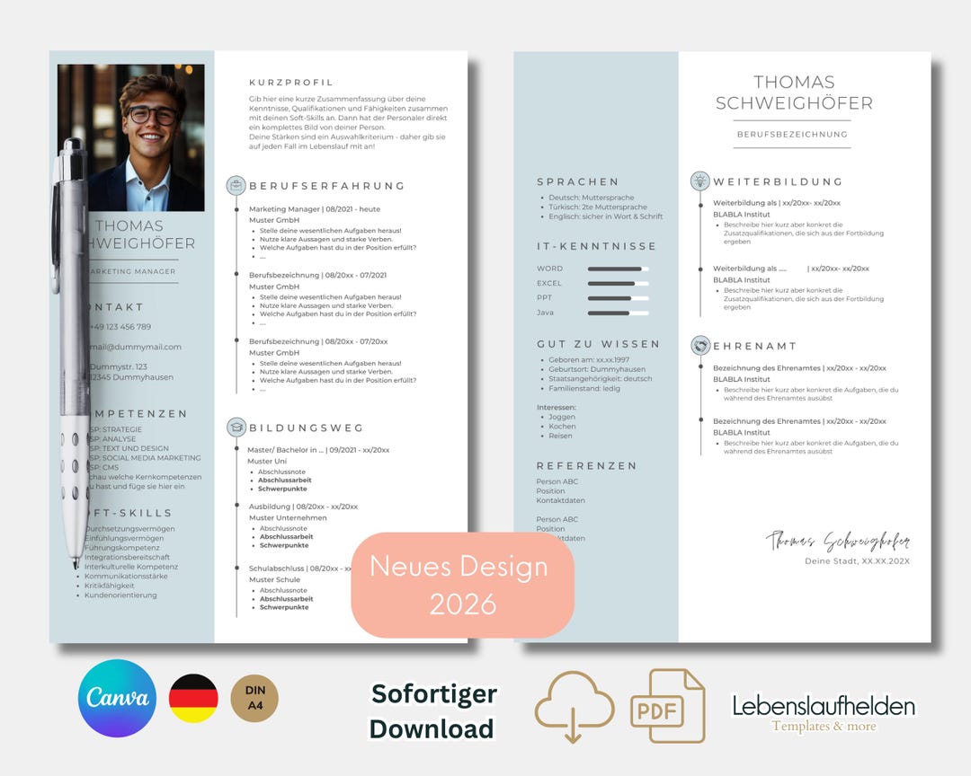 Application Template in German | Tabular CV | Creative Modern Cover ...