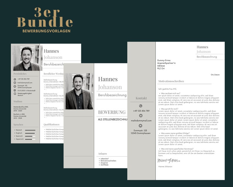 3er Bundle Bewerbungsvorlagen, Lebenslauf tabellarisch, deutsch, modern ...