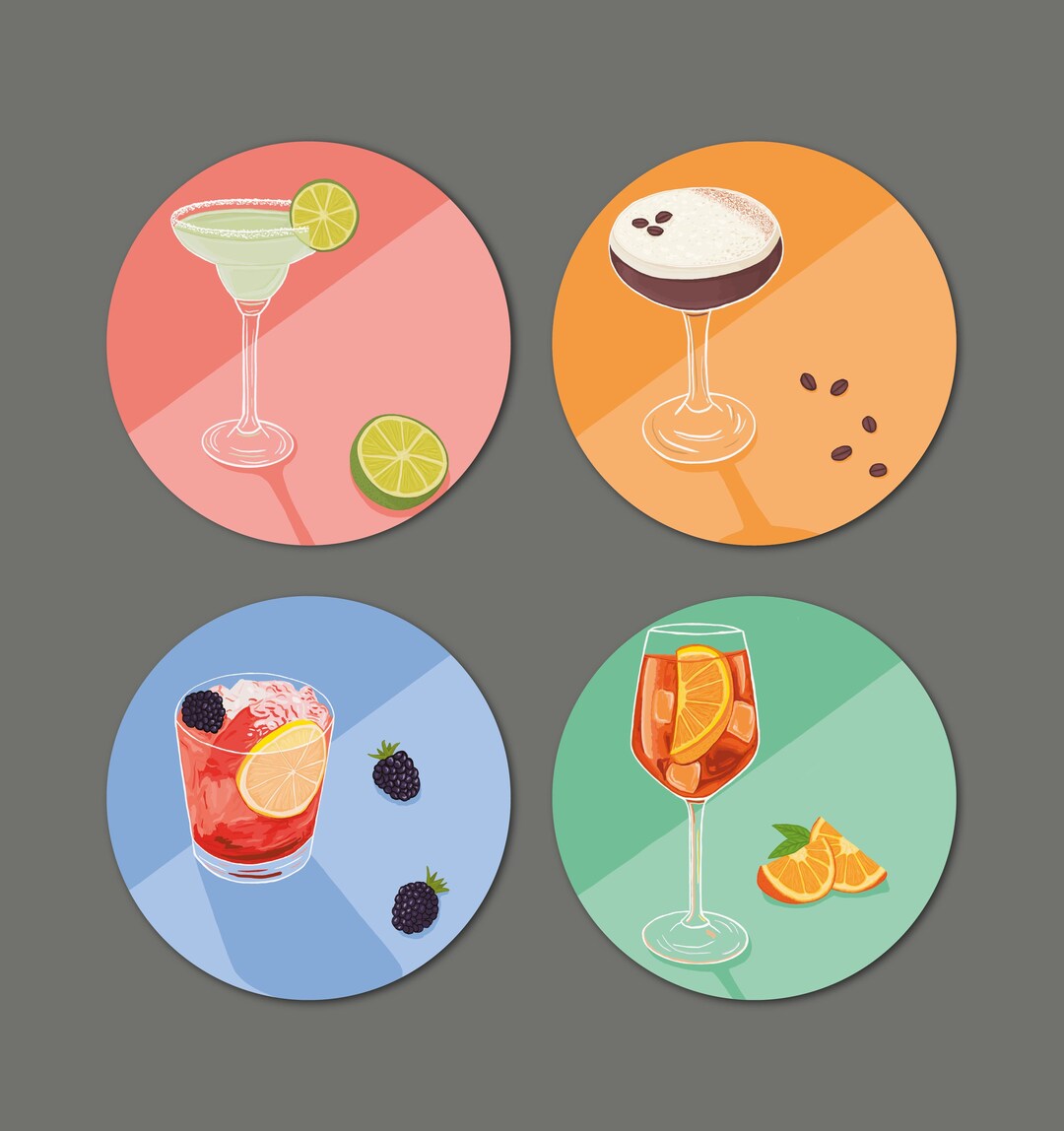 Set of 4 Cocktail Coasters Aperol Spritz Espresso Martini Bramble ...