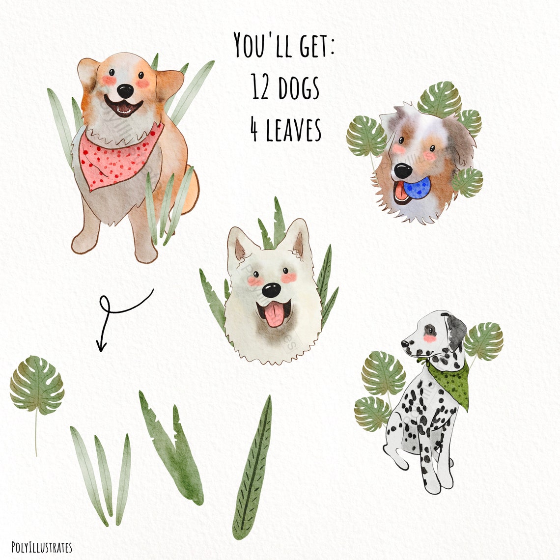 Cute Watercolor Dogs Clipart, Cartoon Puppy Illustration, Canine Breeds ...