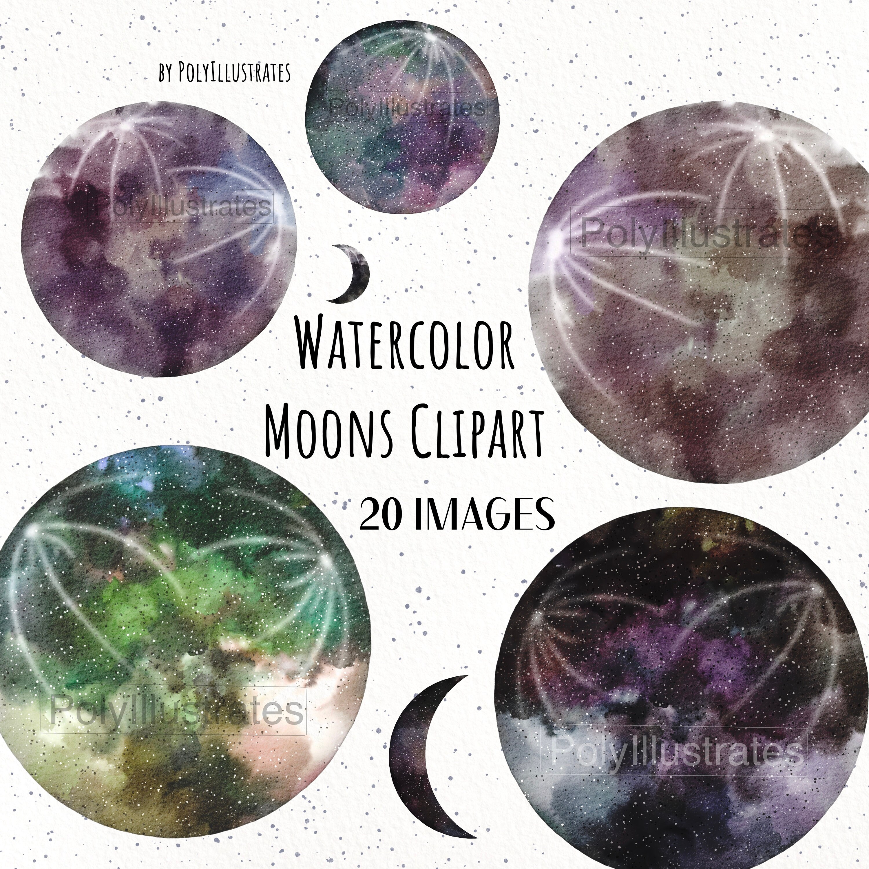 Watercolor Moon Clipart, Moon Handmade Illustration, Water Brush ...