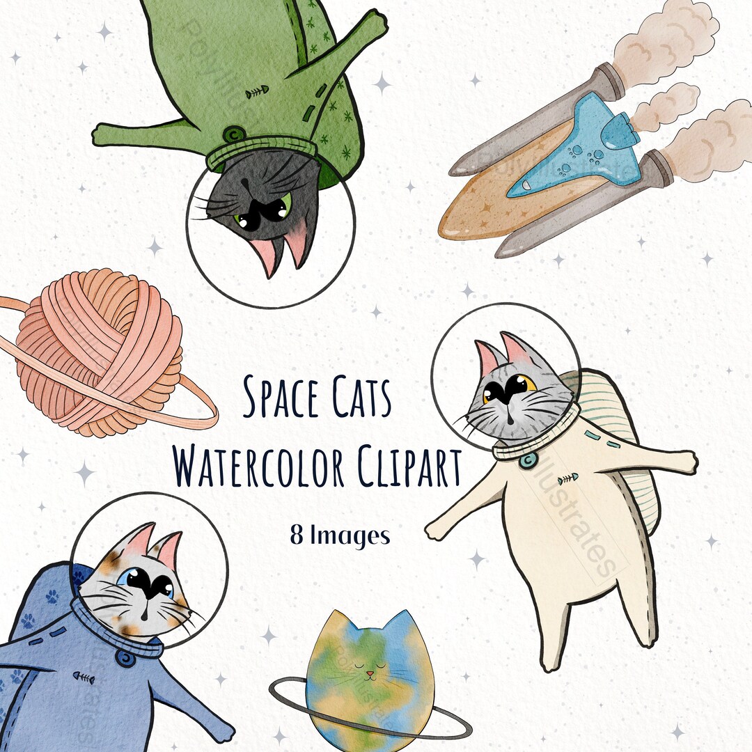 Space Cats Watercolor Clipart, Cute Feline Illustrations, Cartoon Cats ...