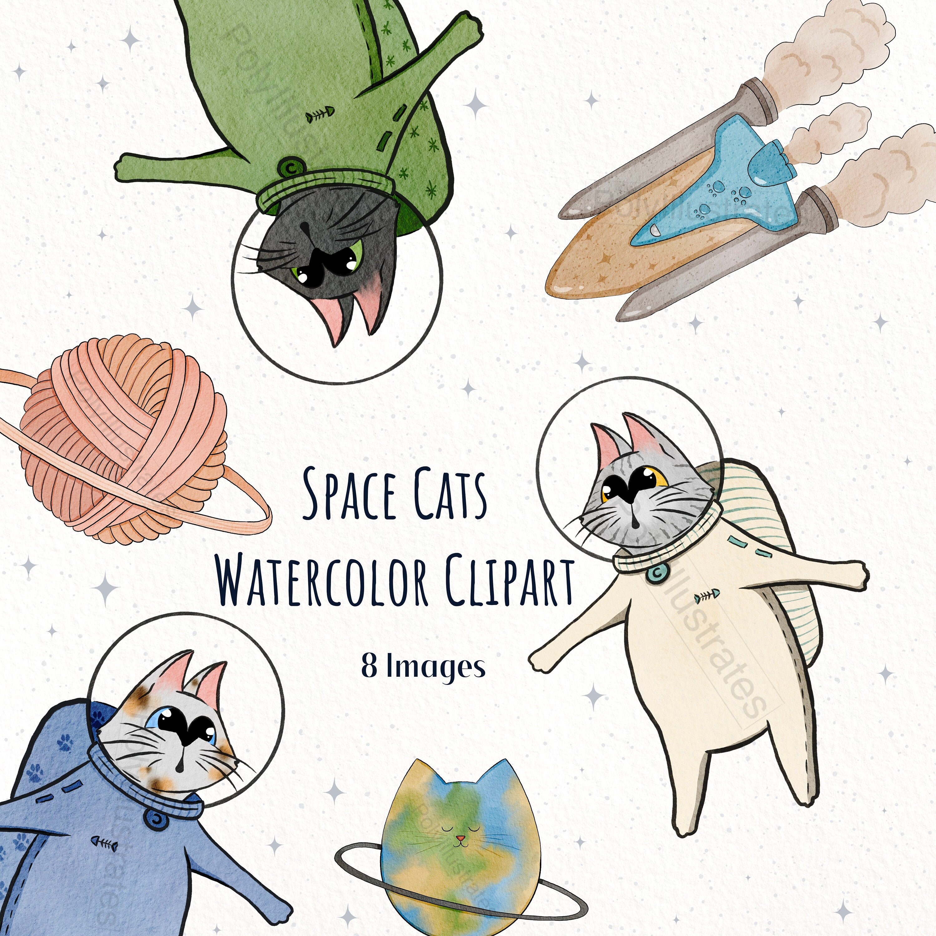 Space Cats Watercolor Clipart, Cute Feline Illustrations, Cartoon Cats ...