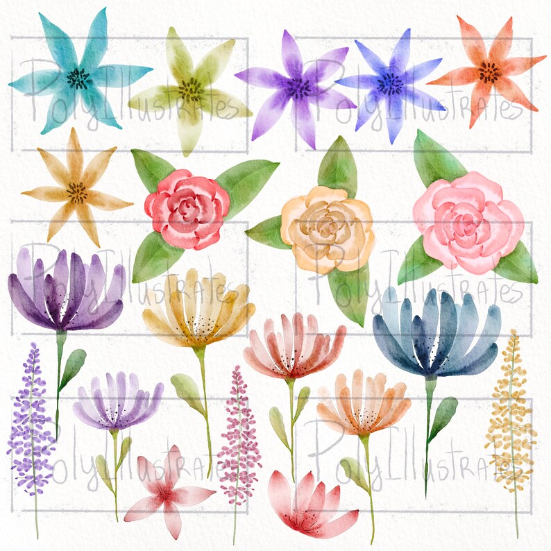 Watercolor Flowers Clipart Colorful Floral Petals Bouquet | Etsy