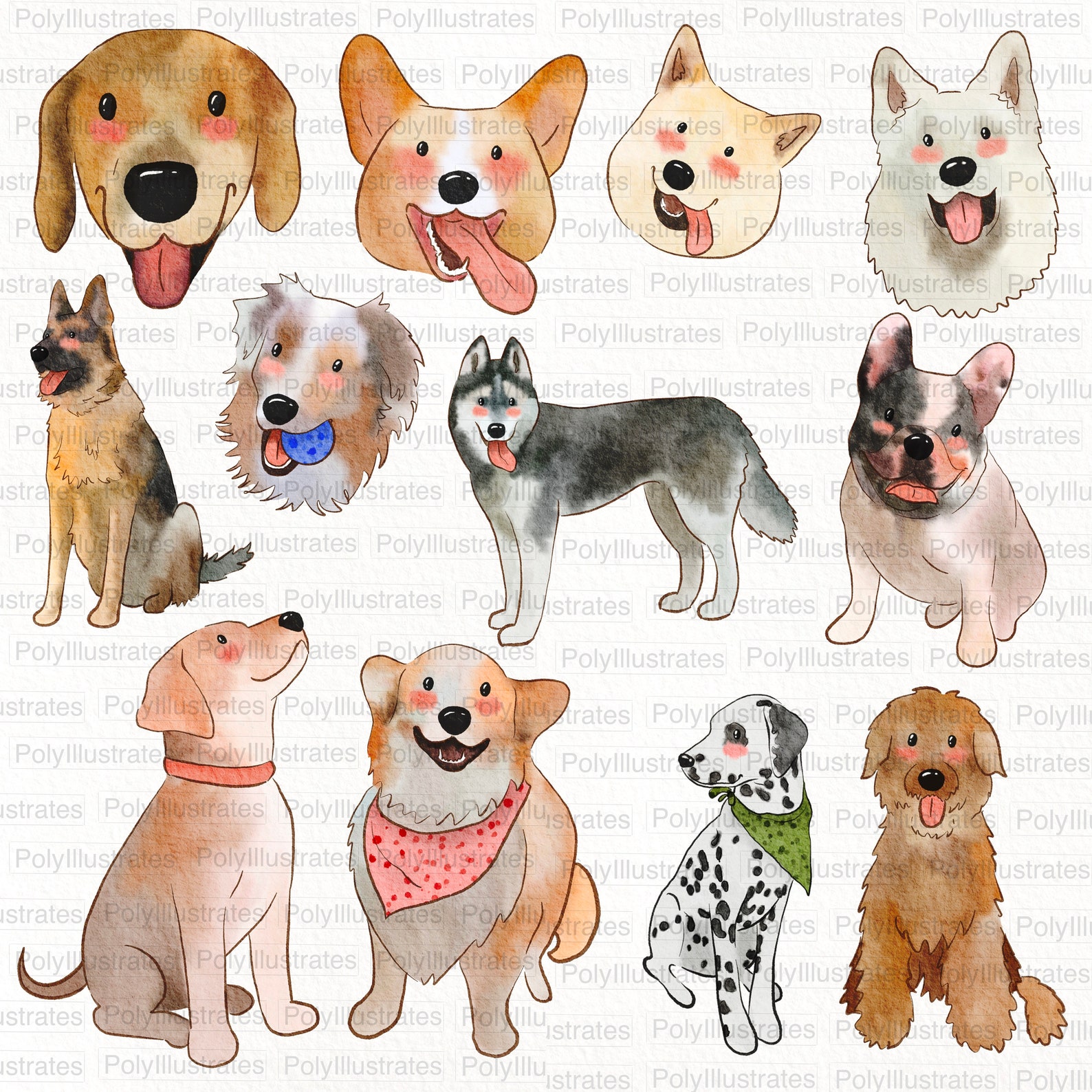 Cute Watercolor Dogs Clipart, Cartoon Puppy Illustration, Canine Breeds ...