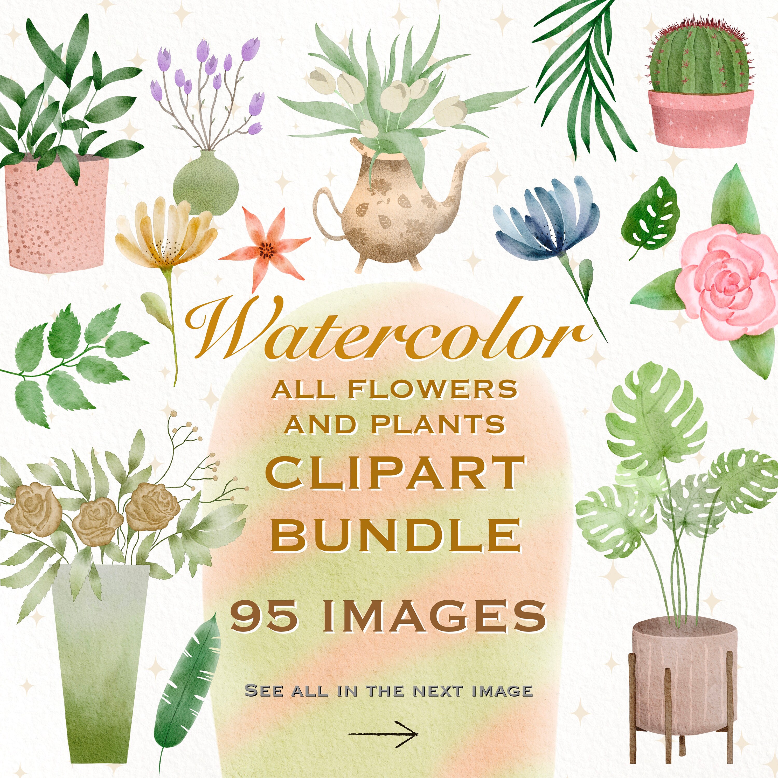 Watercolor Plants Flowers Clipart, Floral Artwork Set, House Plants ...