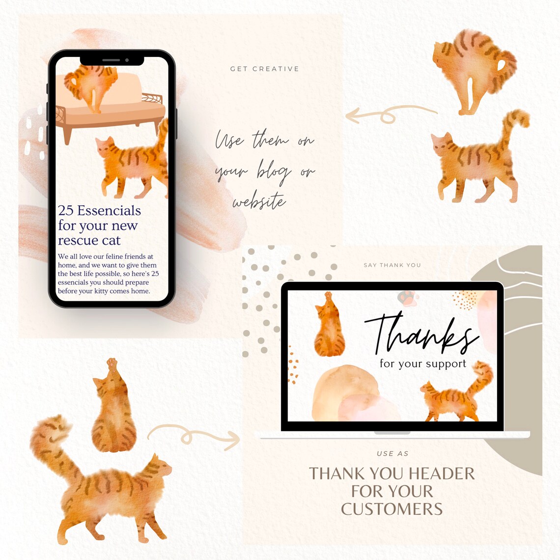 Watercolor Ginger Cats Clipart, Feline Pet Illustration, Orange Cat ...