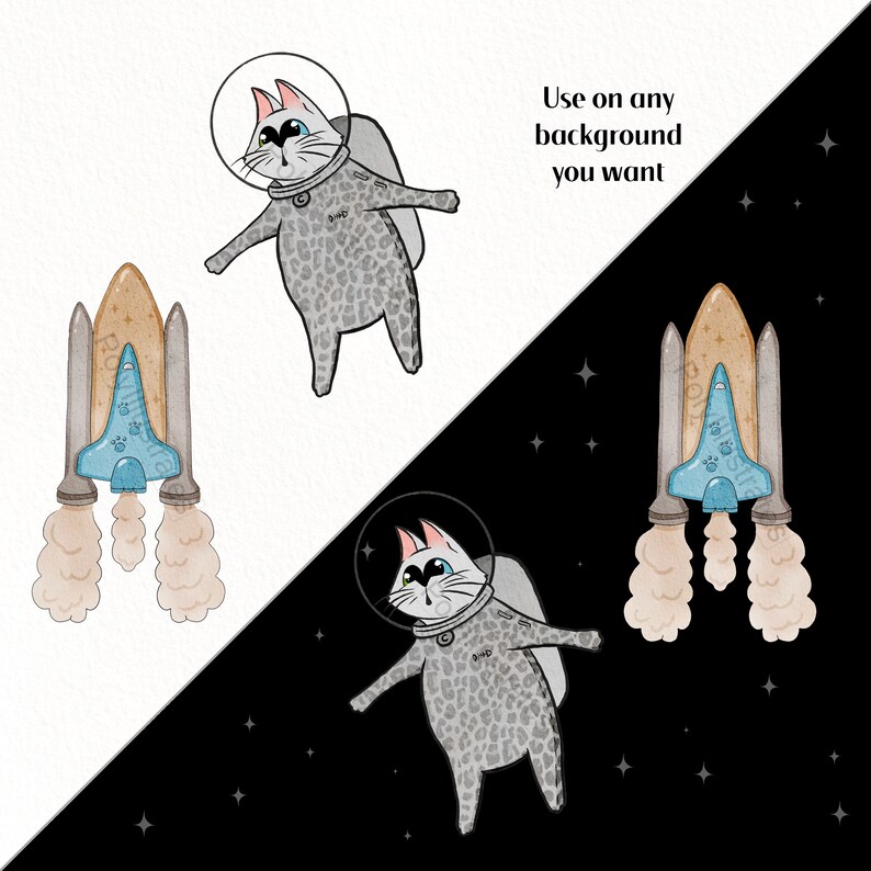 Space Cats Watercolor Clipart Cute Feline Illustrations | Etsy