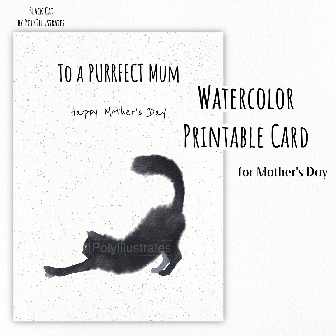 Printable Mother's Day Card, Watercolor Greeting Card, Black Cat ...