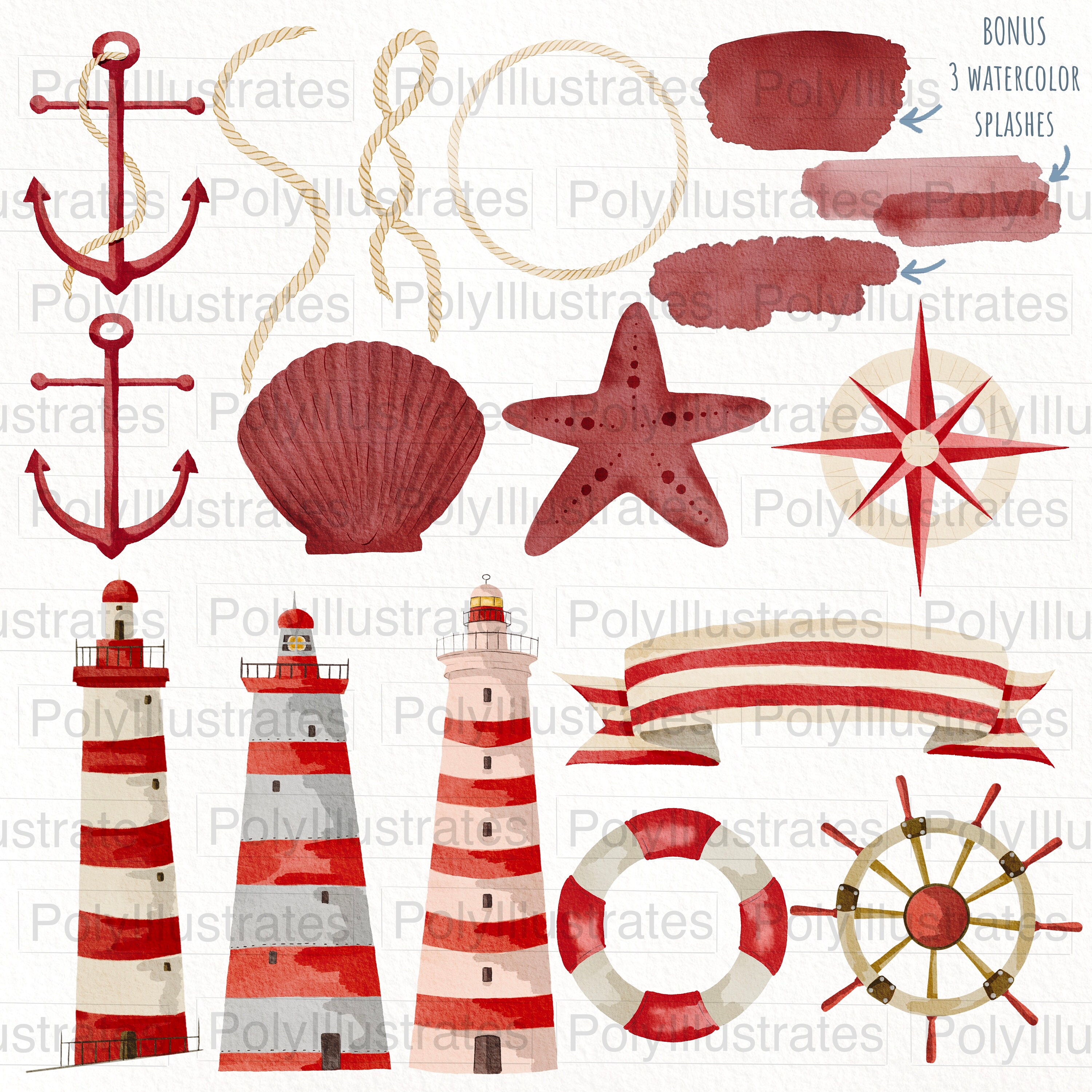 Watercolor Nautical Clipart Marine Handmade Illustrations - Etsy