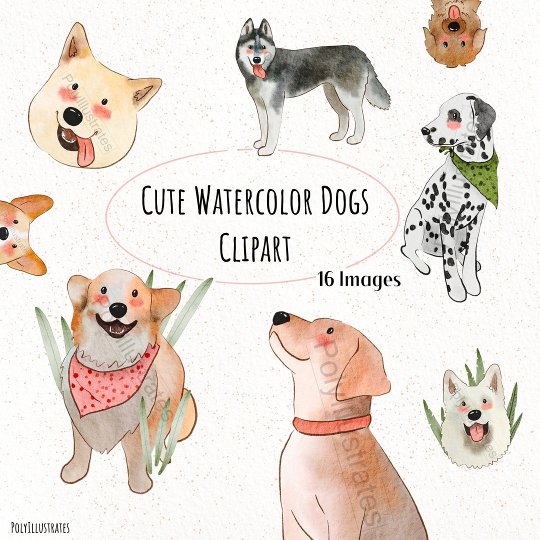 Cute Watercolor Dogs Clipart, Cartoon Puppy Illustration, Canine Breeds ...