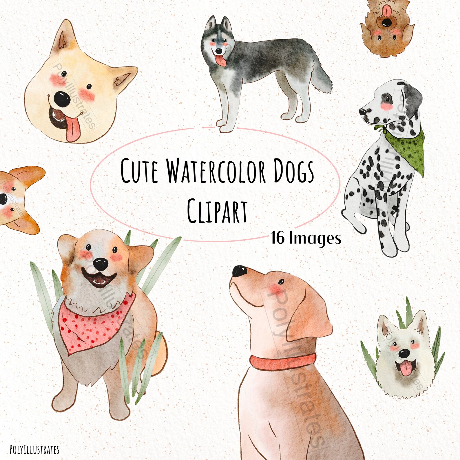 Cute Watercolor Dogs Clipart, Cartoon Puppy Illustration, Canine Breeds ...