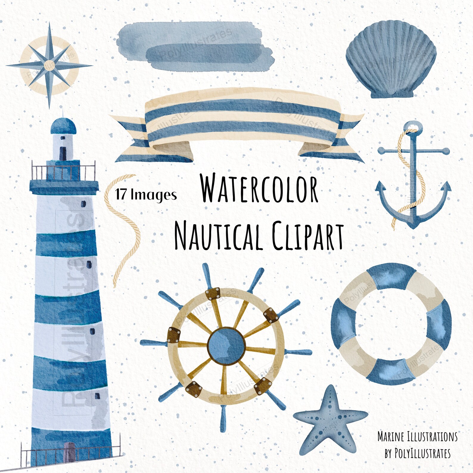 Watercolor Nautical Clipart, Marine Handmade Illustrations, Commercial ...