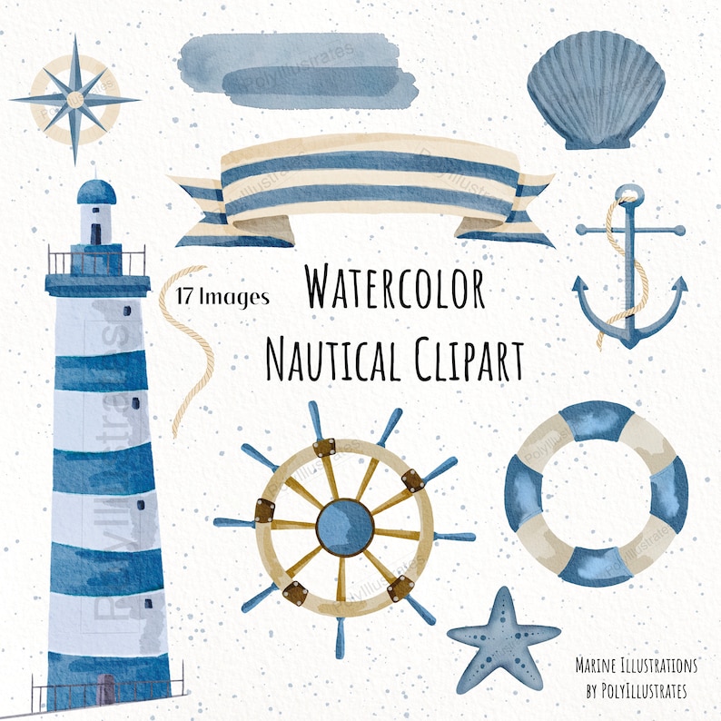 Watercolor Nautical Clipart, Marine Handmade Illustrations, Commercial ...