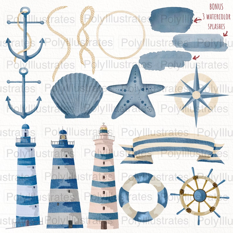Watercolor Nautical Clipart, Marine Handmade Illustrations, Commercial ...